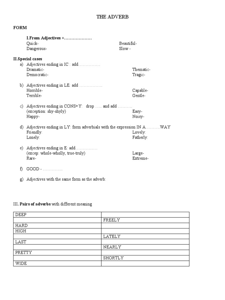 The Adverb: Form I.From Adjectives + | PDF | Adverb | Adjective