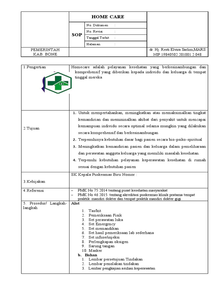 SOP Pelayanan Home Care Puskesmas | PDF