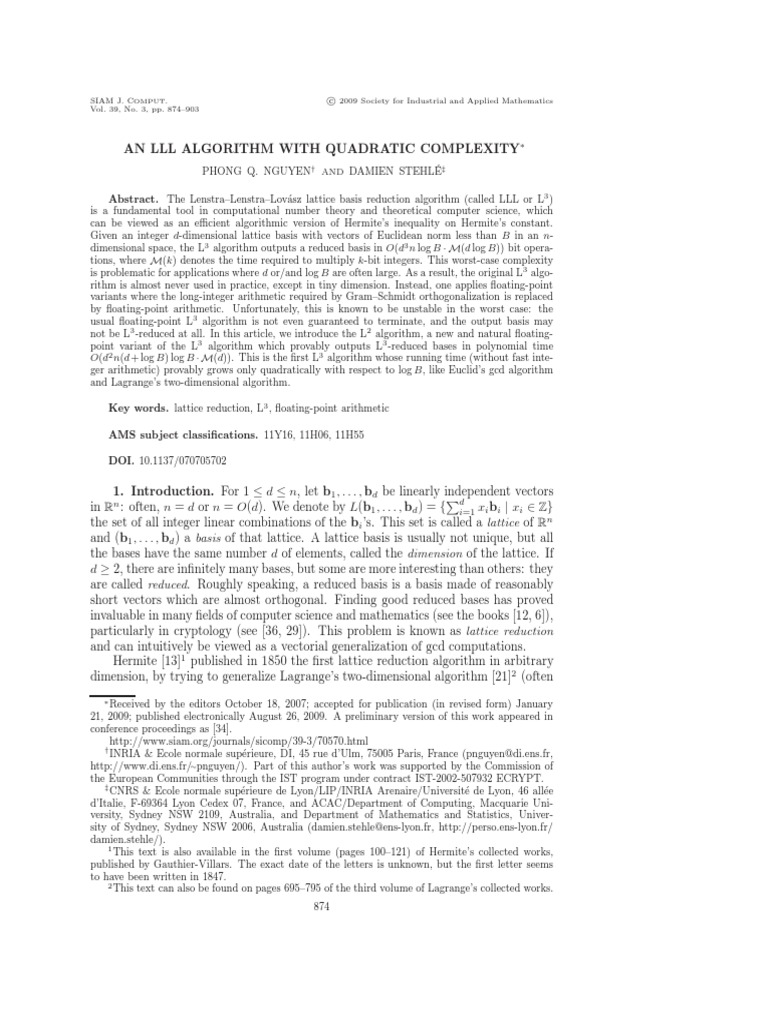 An LLL Algorithm With Quadratic Complexity: Abstract. The Lenstra-Lenstra-Lov | PDF ...
