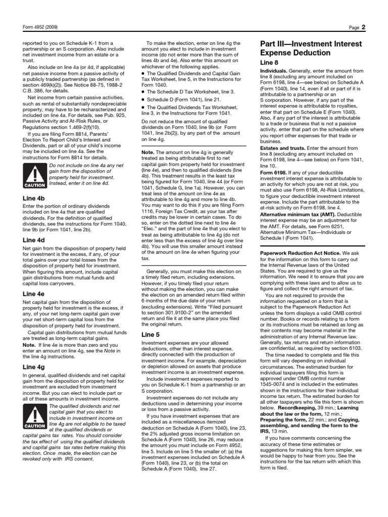Part III-Investment Interest Expense Deduction: Form 4952 (2009) | PDF ...