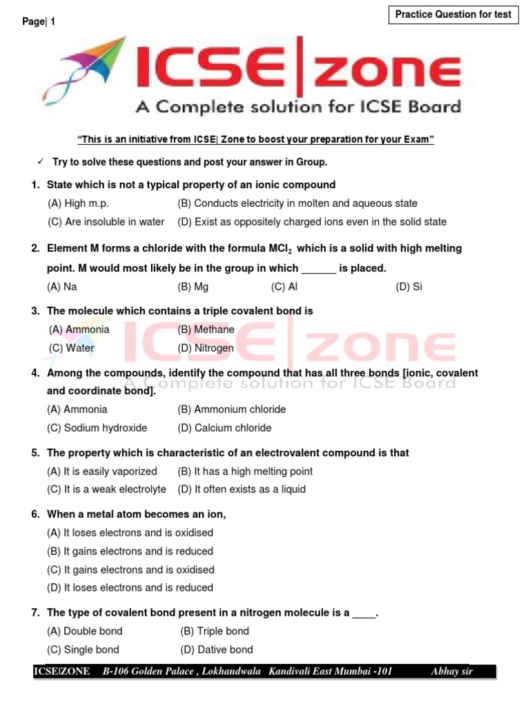Chemical Bonding Practice Questions | PDF | Ionic Bonding | Chemical Bond