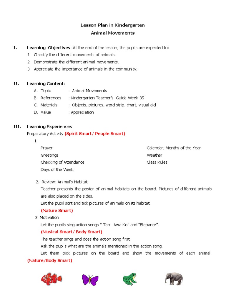 Lesson Plan in Kindergarten Animal Movements | PDF | Lesson Plan | Teaching