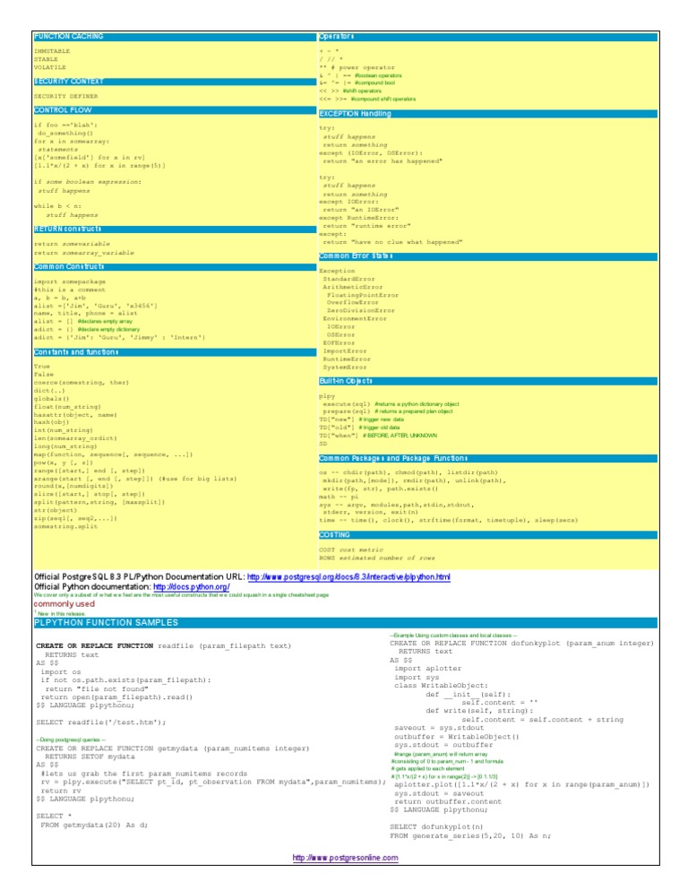 Postgresql Plpython Cheatsheet Pdf Boolean Data Type Information Technology Management
