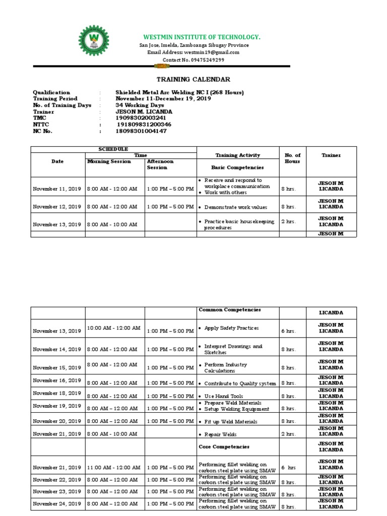 Westmin Institute of Technology.: Training Calendar | PDF | Metals ...