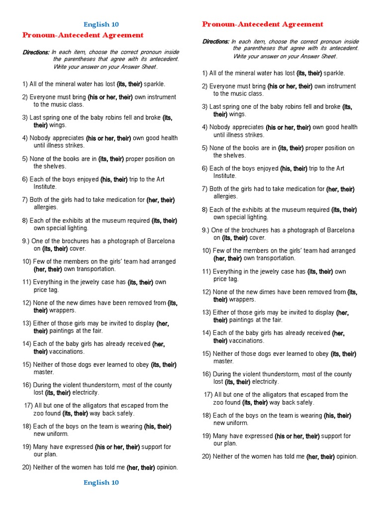 Pronoun-Antecedent Agreement QUIZ | PDF | Art