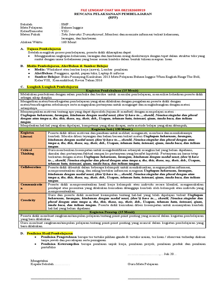 Contoh RPP 1 Lembar Bahasa Inggris Kelas 8 | PDF