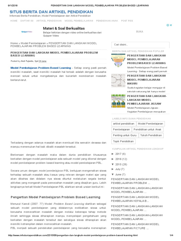 Pengertian Dan Langkah Model Pembelajaran Problem Based Learning PDF | PDF