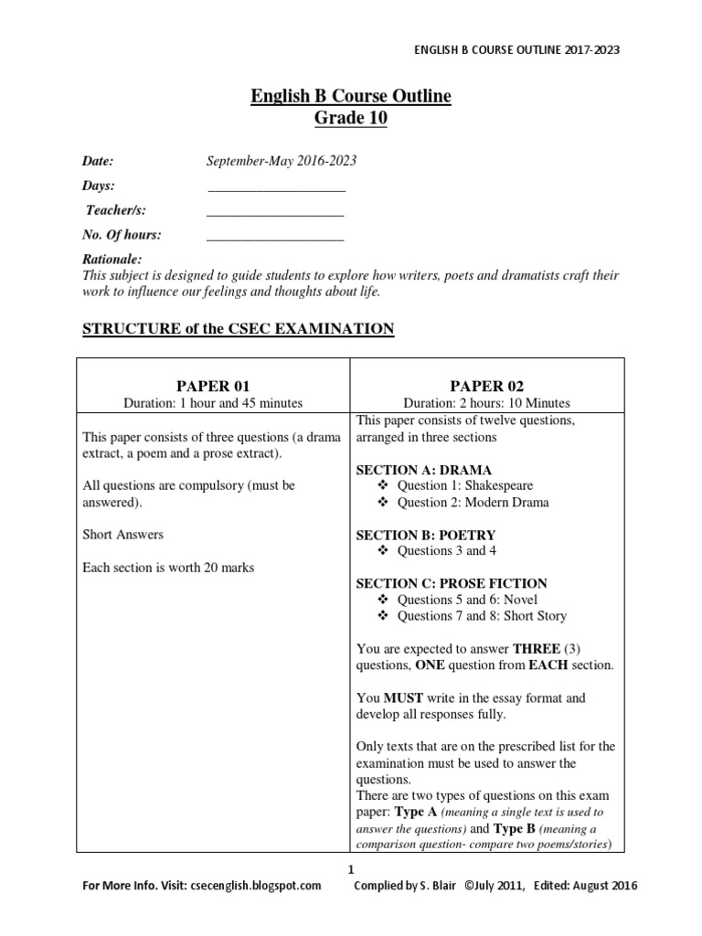 Grade 10 English B Course Outline 2016 | PDF | Test (Assessment) | Poetry