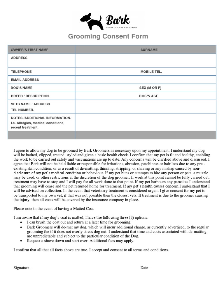 Grooming Consent Form: Owner'S First Name Surname Address | Download ...
