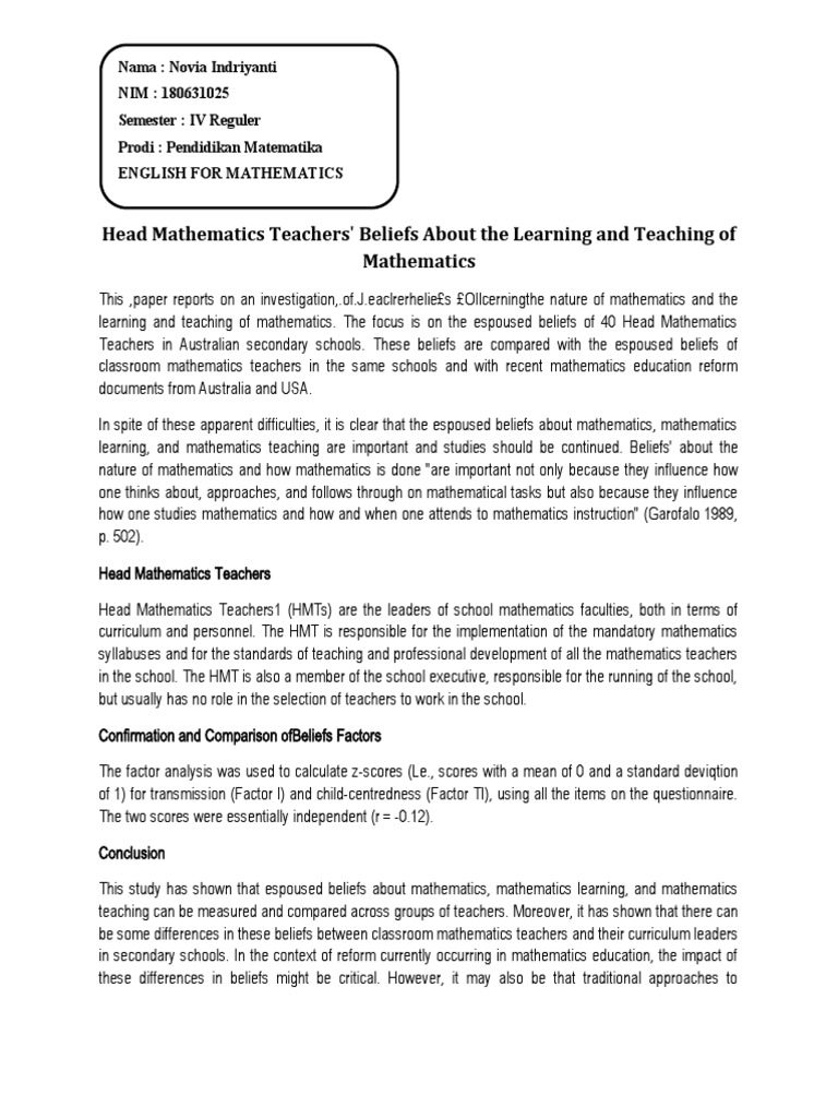 Head Mathematics Teachers' Beliefs About The Learning and Teaching of ...