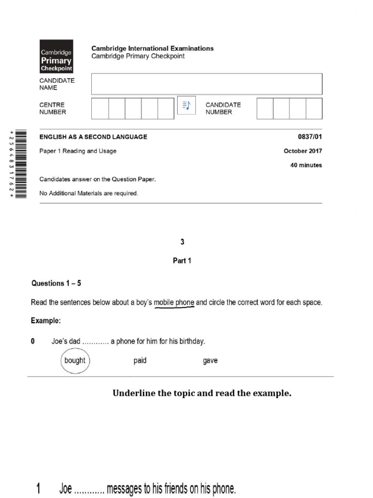 Cambridge Primary Checkpoint ESL P1 October 2017 PowerPoint Practice | PDF