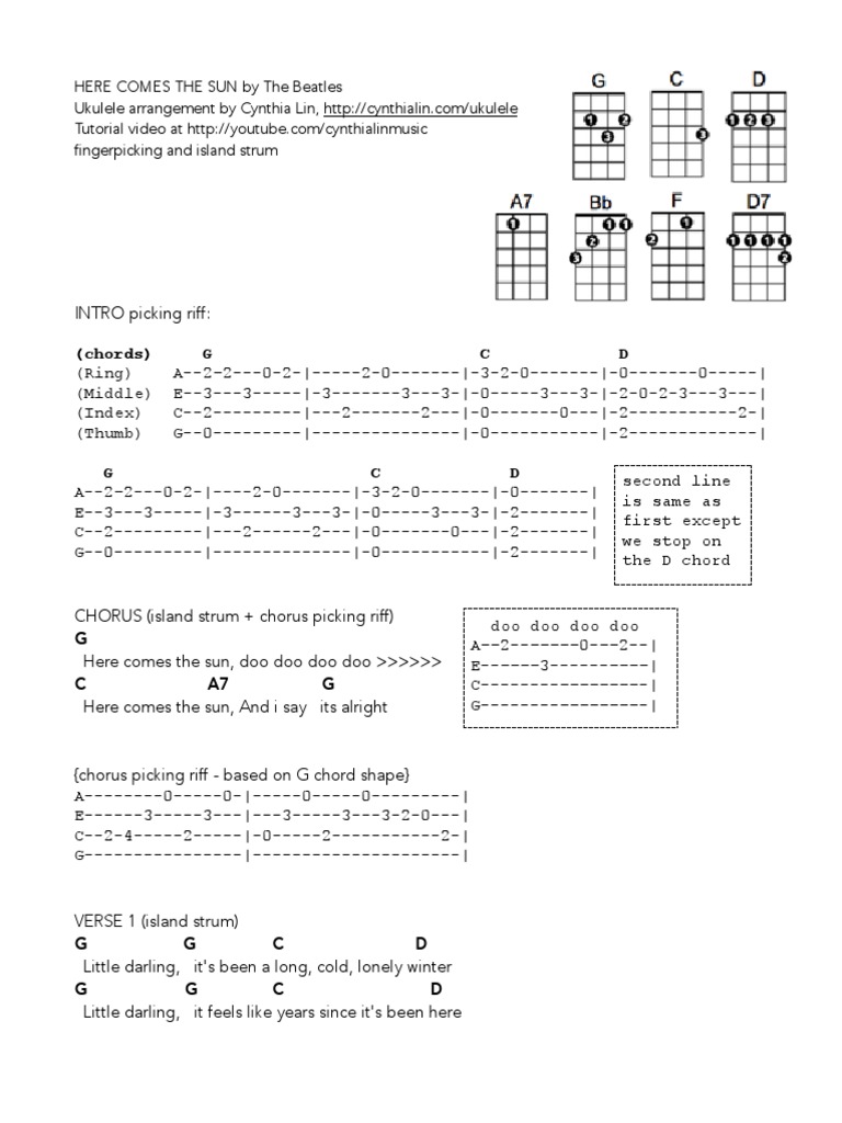 HERE COMES THE SUN - Ukulele Chord Chart PDF | PDF | Song Structure | Songs