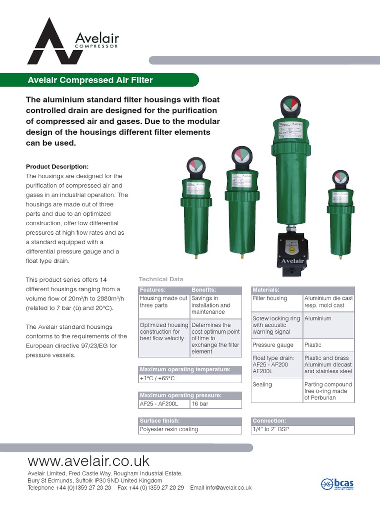 Avelair Compressed Air Filter | PDF | Water Purification | Pressure