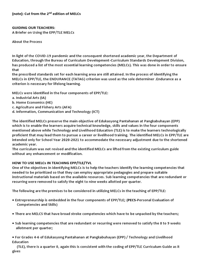 Briefer Note C Using The EPP-TLE MELCS Cut From The 2nd Edition of MELC ...
