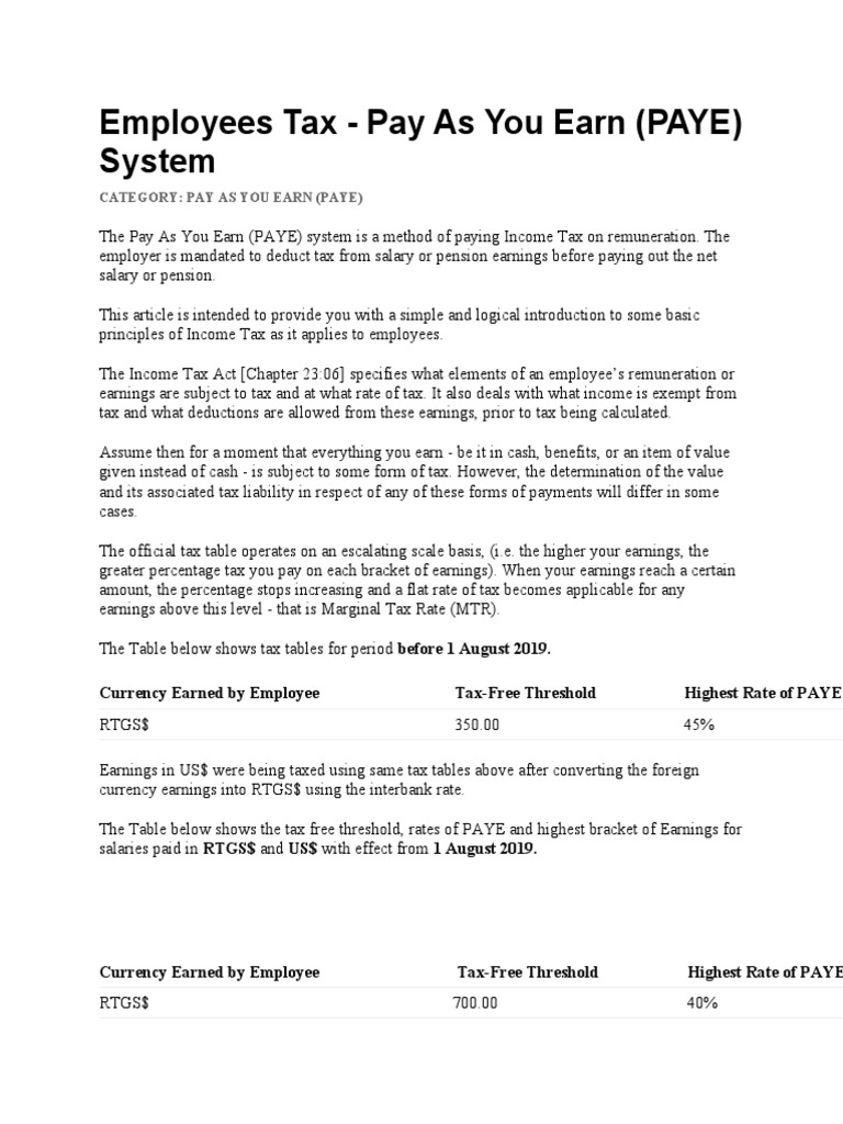 Employees Tax - Pay As You Earn (PAYE) System | PDF
