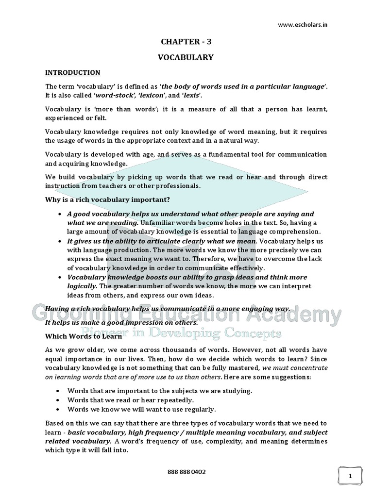 Chapter - 3 Vocabulary: WWW - Escholars.in | PDF | Vocabulary | Word