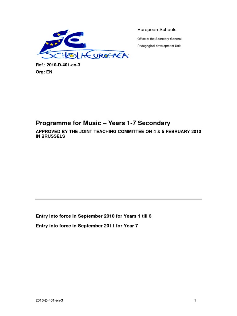 Programme For Music - Years 1-7 Secondary: Ref.: 2010-D-401-En-3 Org ...