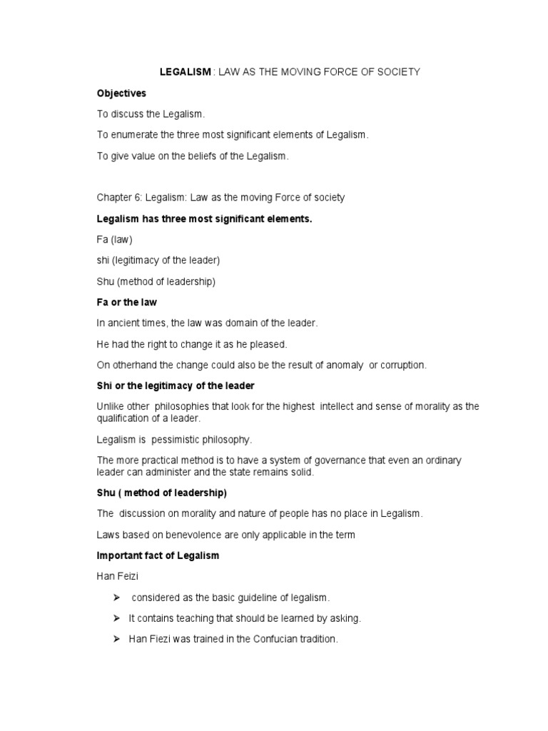 Legalism: Law As The Moving Force of Society Objectives | PDF ...