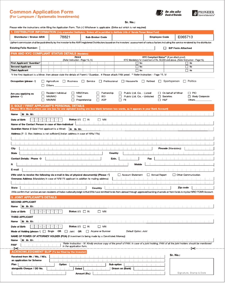 Baroda MF Common Application Form | PDF | Cheque | Banking