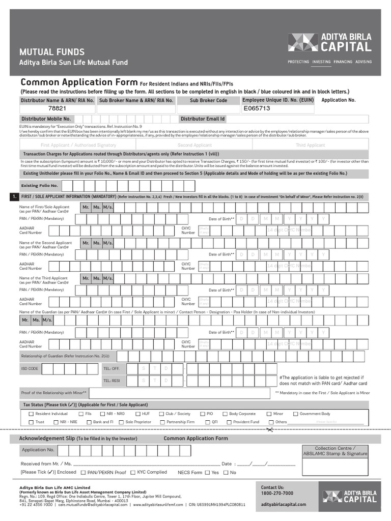 Aditya Birla Mutual Fund Application Form | PDF | Identity Document ...