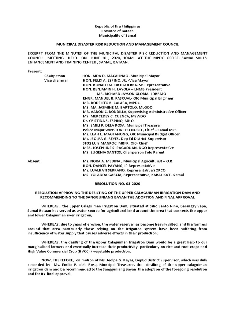 MDRRMC Resolution 03-2020 Desilting of Upper Calaguiman Irrigation Dam | PDF | Agronomy ...