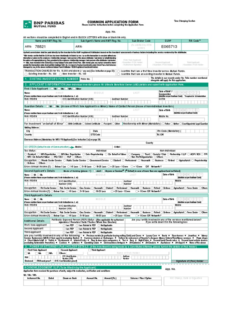 BNP MF Common Application Form Equity | PDF | Financial Services ...