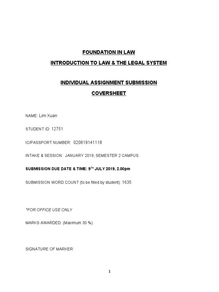 Foundation in Law Introduction To Law & The Legal System: Lim Xuan ...