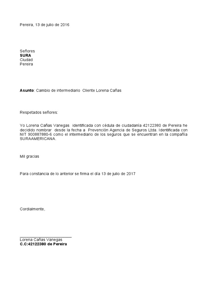 Formato CARTA SOLICITUD CAMBIO DE INTERMEDIARIO ARL | PDF