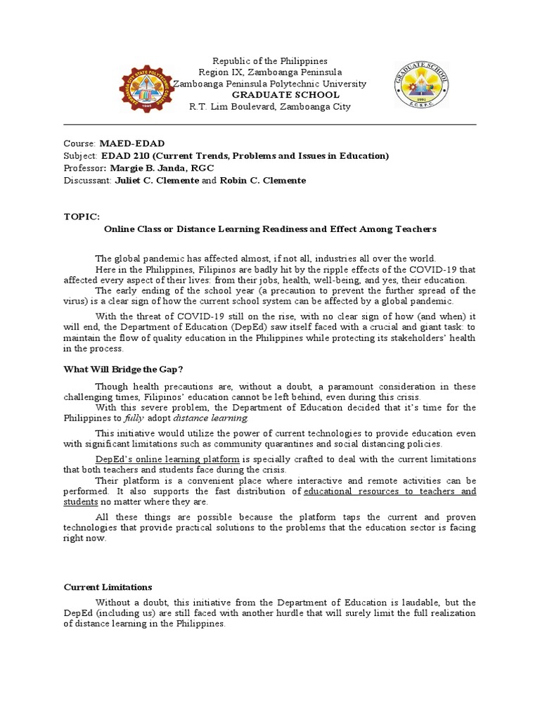 Online Class or Distance Learning Readiness and Effect Among Teachers ...