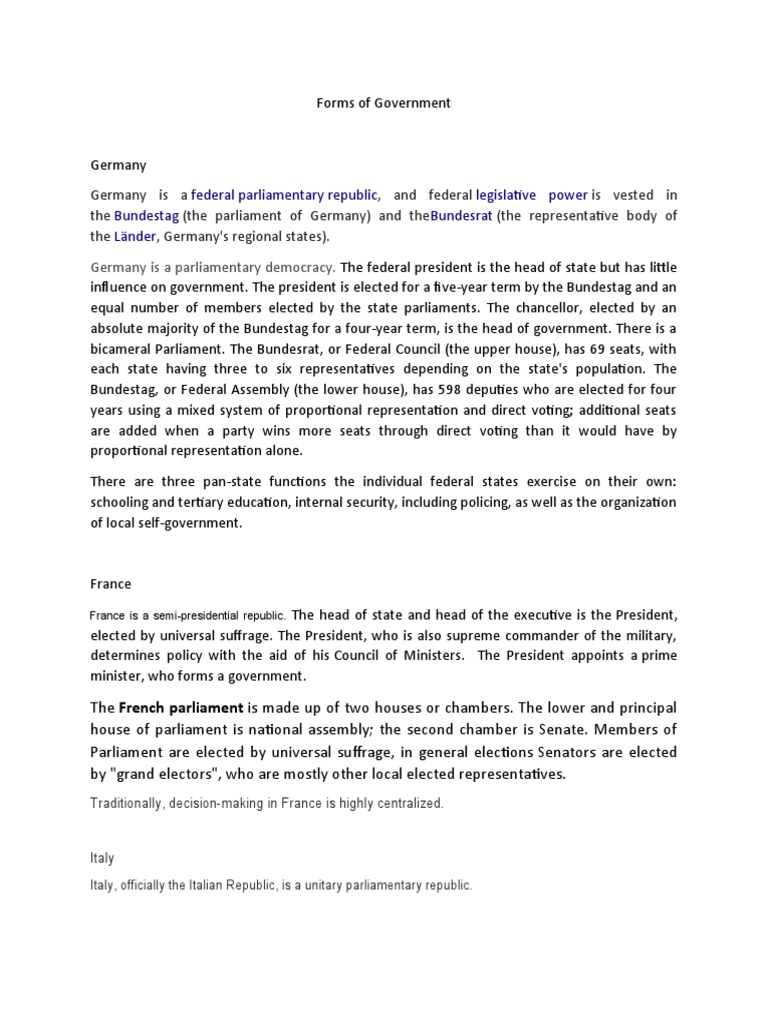 Forms of Government | PDF | Parliament | Federal Government Of The ...