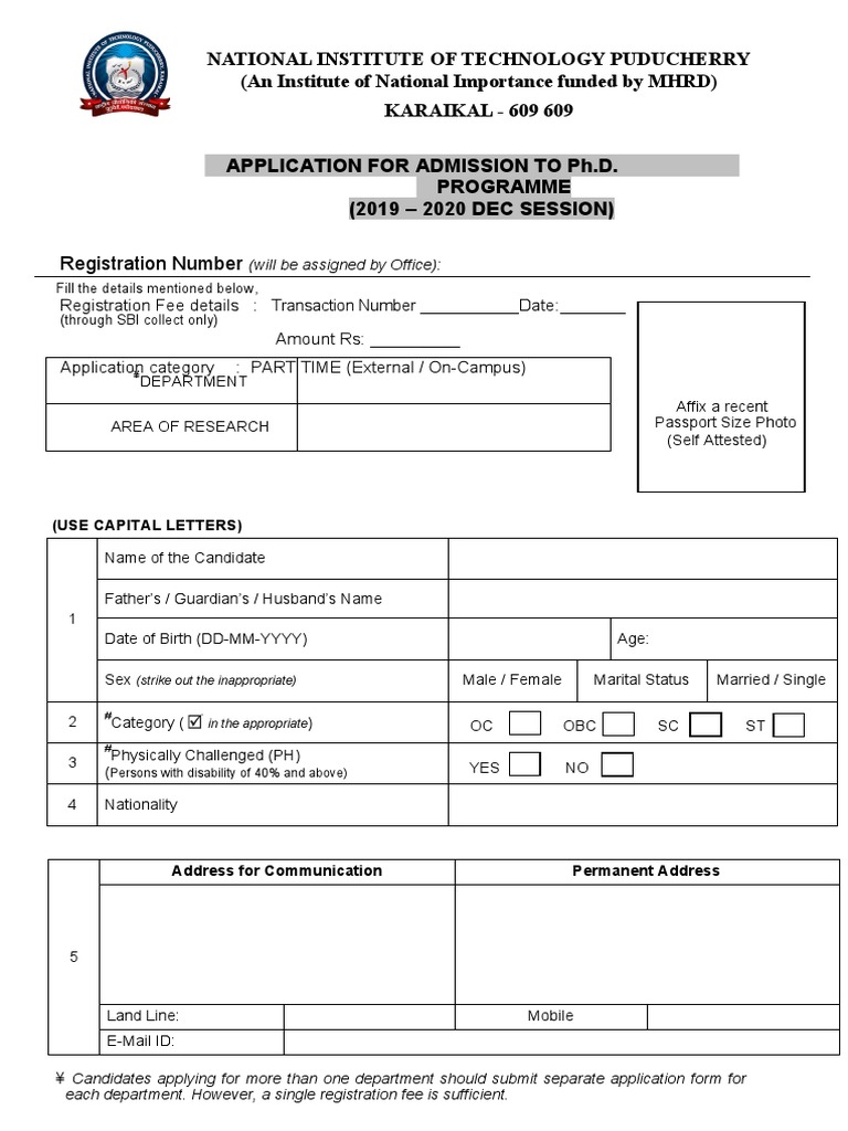 NITPY Application FORM | PDF | Doctor Of Philosophy | Doctorate