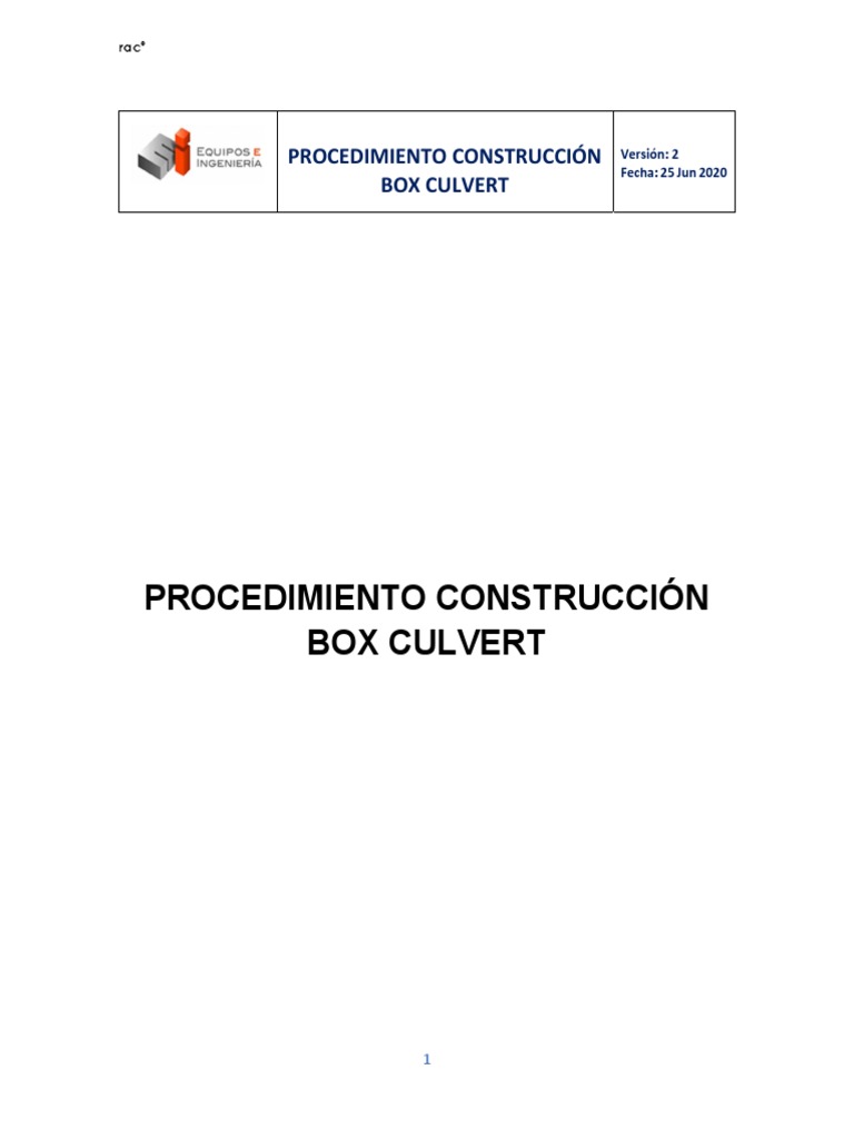 Procedimiento Box Culvert Rev. 2 PDF | PDF | Hormigón | Ingeniero civil