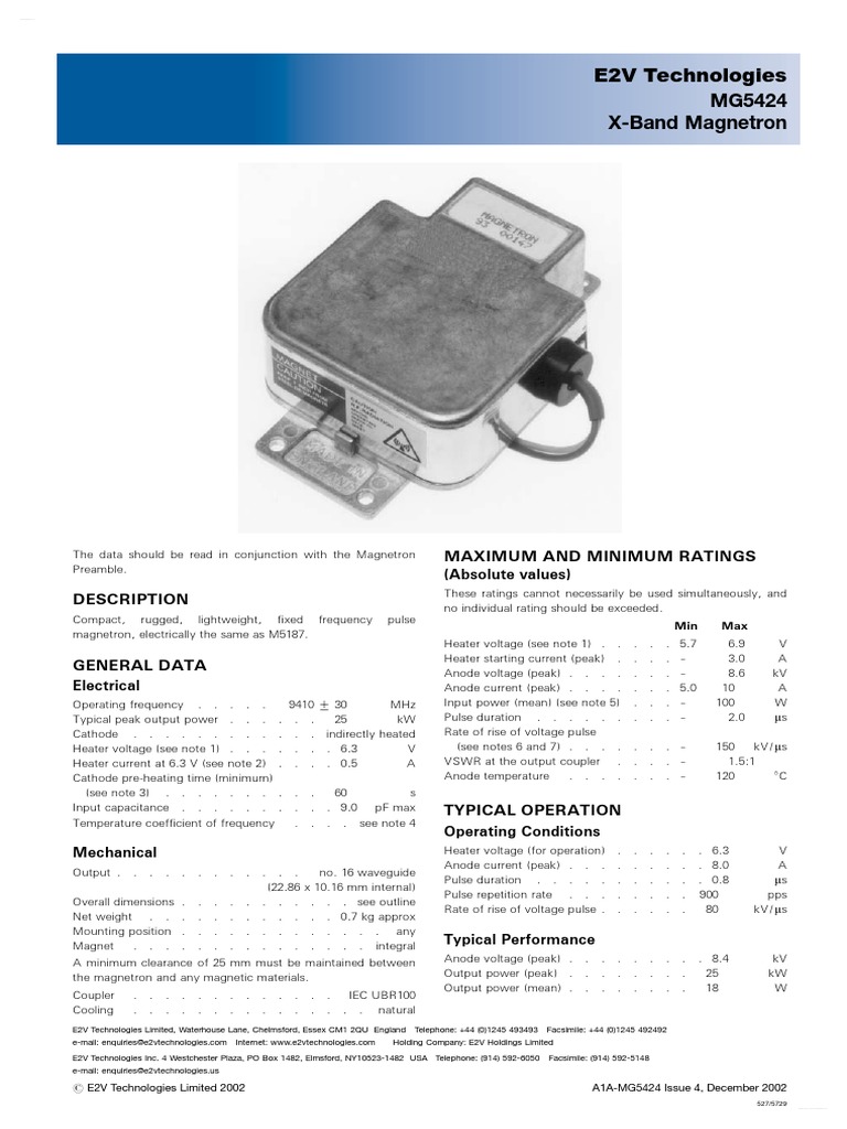 E2V Technologies MG5424 X-Band Magnetron: Maximum and Minimum Ratings ...