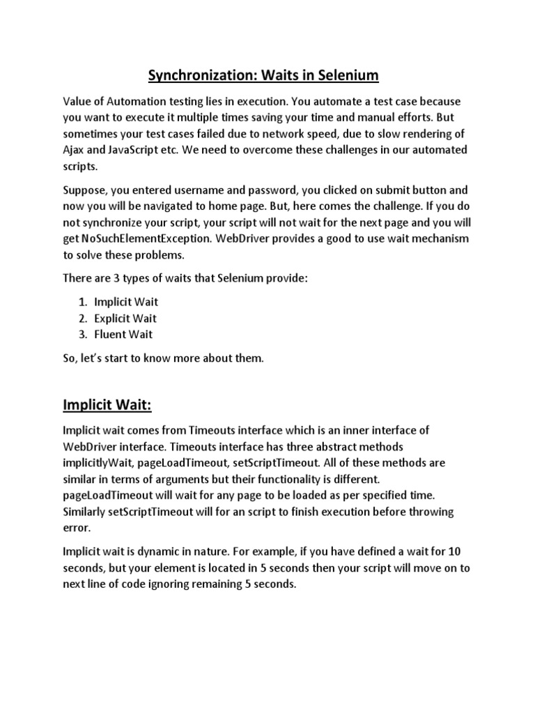 Synchronization Waits In Selenium Implicit Wait Pdf Selenium Software Software Development