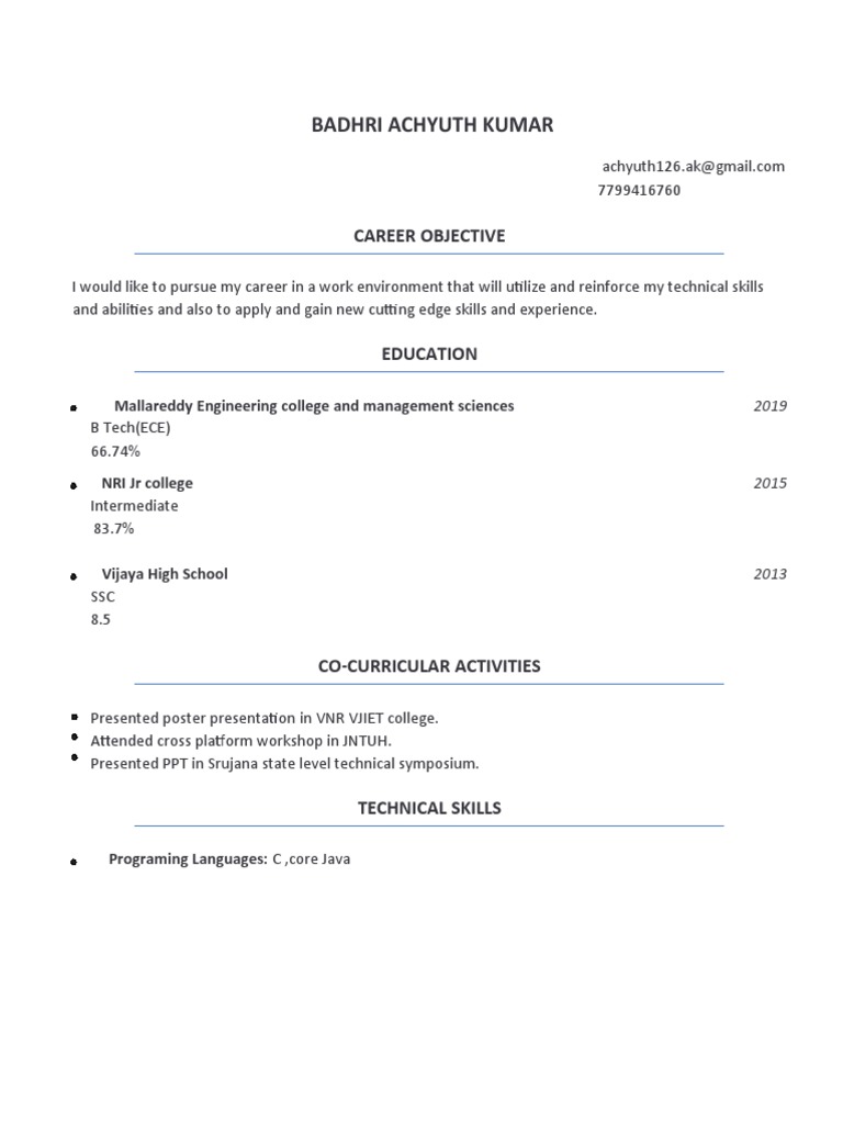 Badhri Achyuth Kumar: Career Objective | PDF