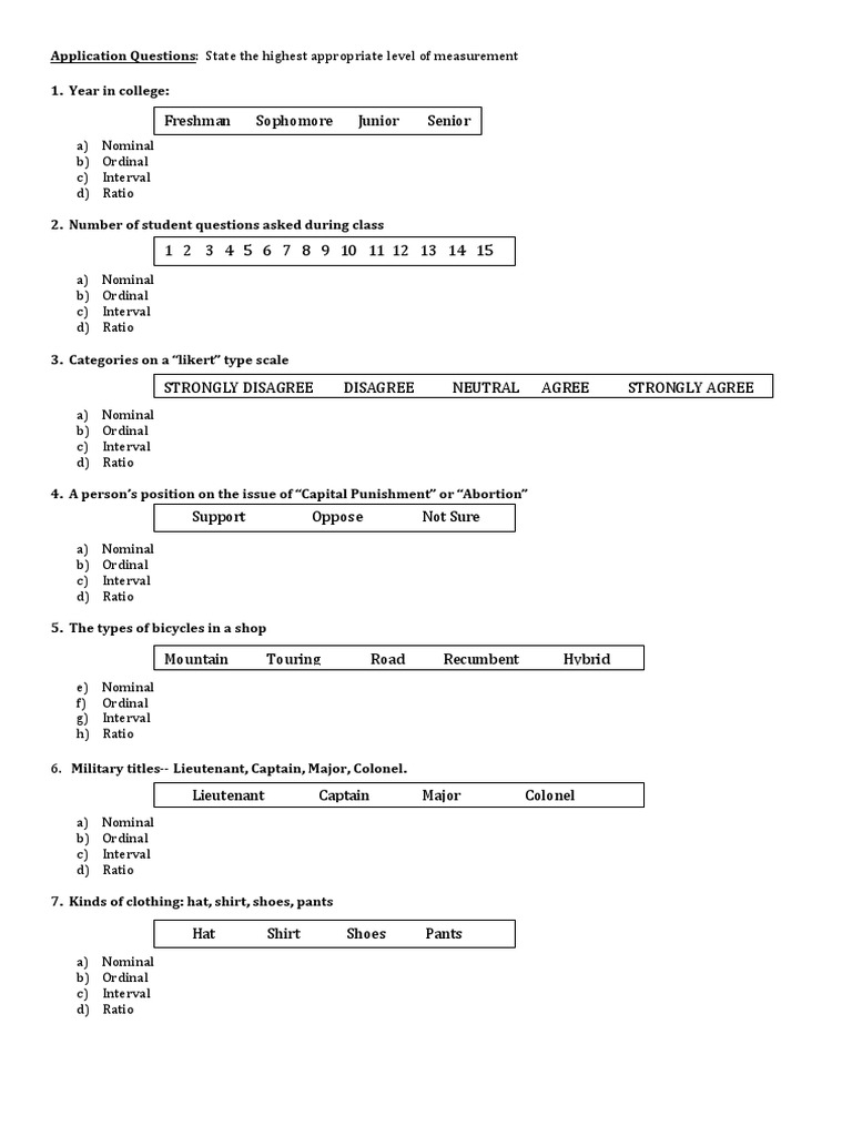Levels of Measurement Worksheet | PDF | Level Of Measurement | Likert Scale