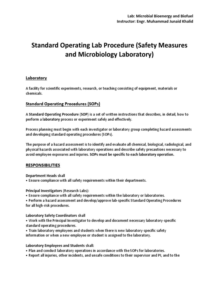 SOPs and Safety in Microbial Bioenergy and Biofuel Lab | PDF ...