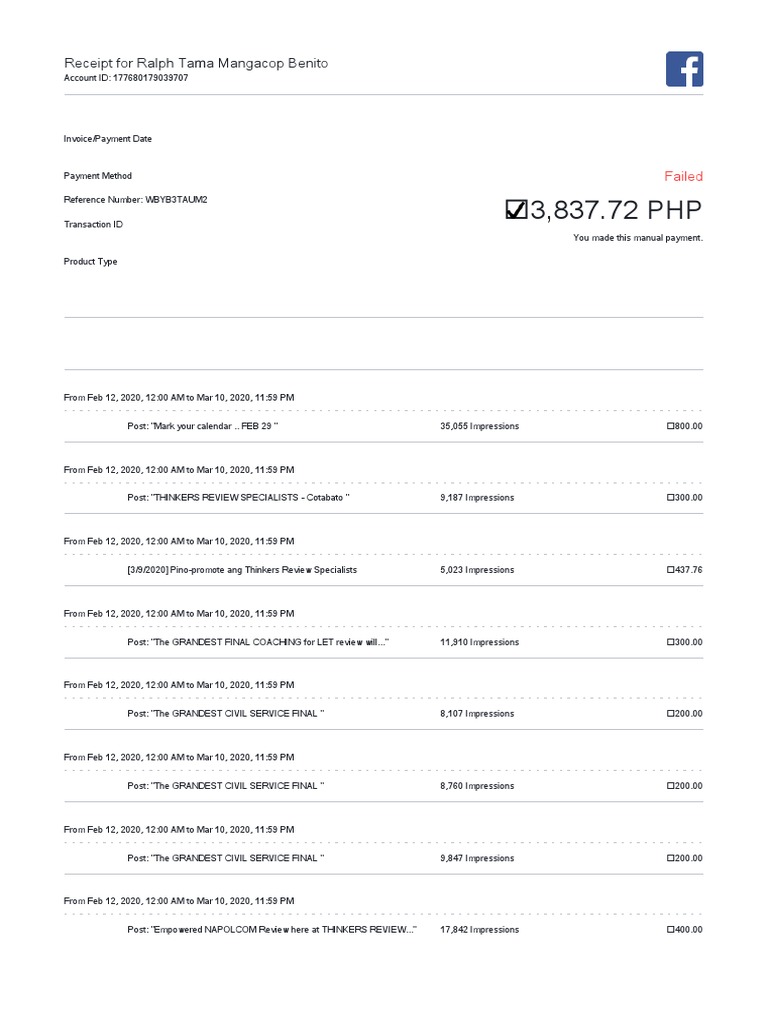 Receipt For Ralph Tama Mangacop Benito: Failed | PDF | Economy Of The ...