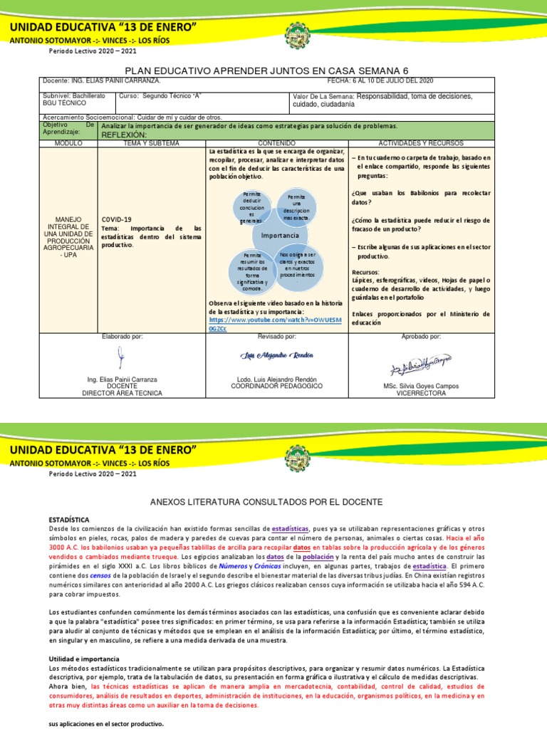 Plan Clases Upa 2do. Tec Clase Semana 6 Docente Elias Painii | PDF | Estadísticas | Producto ...