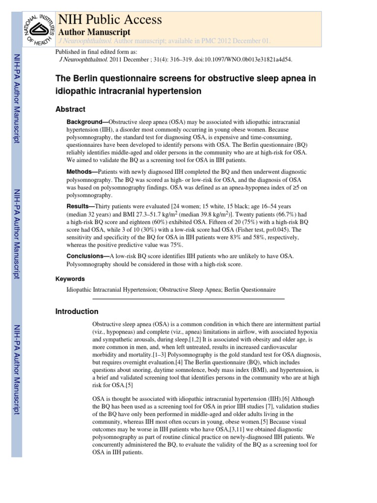 Berlin Questionnaire Screens for Sleep Apnea in IIH Patients | PDF ...