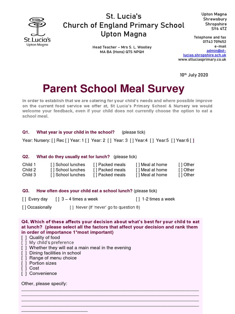 Parent Survey on School Meals | PDF | School Meal | Food And Drink