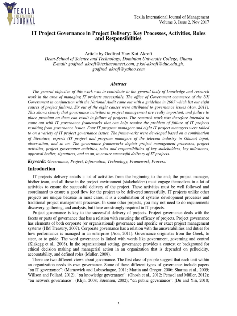 IT Project Governance in Project Delivery: Key Processes, Activities ...