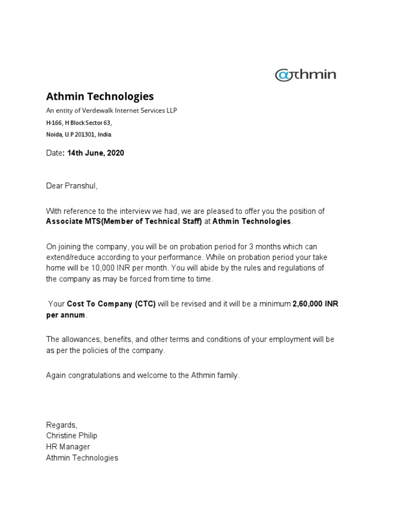 Pranshul Khare's Offer Letter | PDF