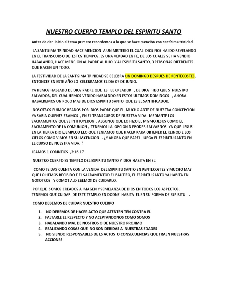 Nuestro Cuerpo Templo Del Espiritu Santo | PDF | espíritu Santo | Amor