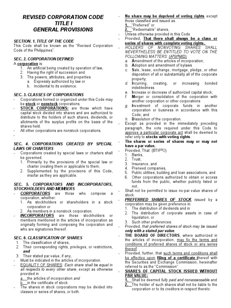 Revised Corporation Code | PDF | Corporations | Stocks