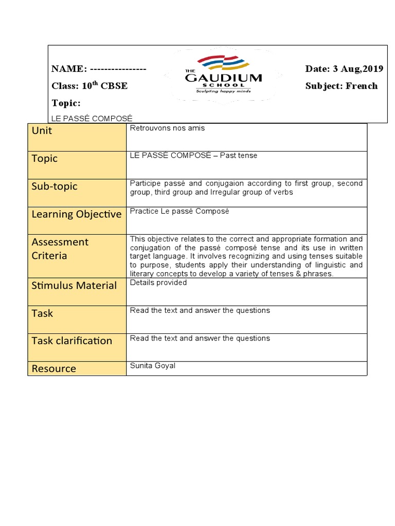 Unit Topic Sub-Topic Learning Objective Assessment Criteria Stimulus Material Task Task ...