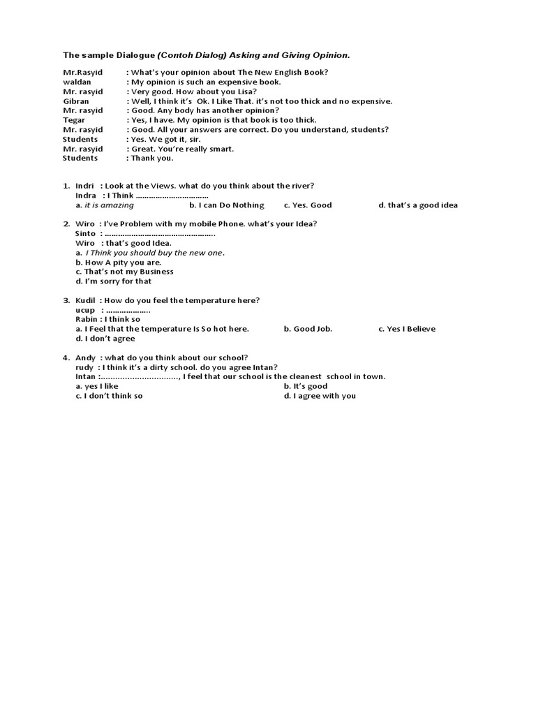 The Sample Dialogue (Contoh Dialog) Asking and Giving Opinion | PDF ...