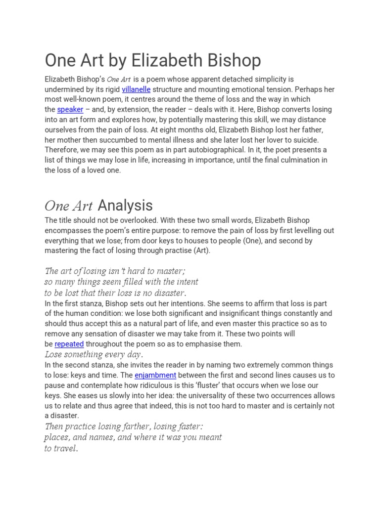 One Art by Elizabeth Bisho Ananlysis | PDF | Poetry