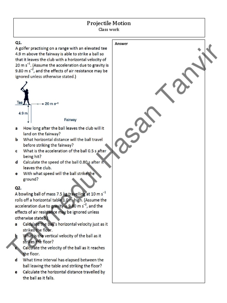 Projectile Motion Class Work | PDF