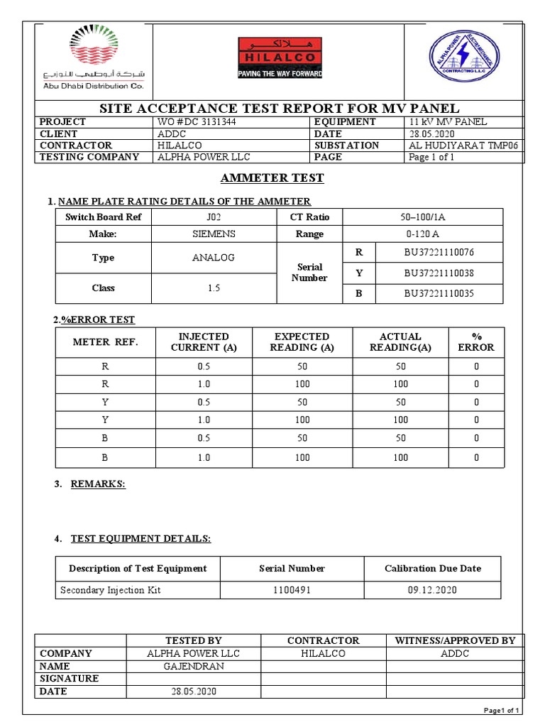 Site Acceptance Test Report For MV Panel | PDF | Electrical Engineering ...
